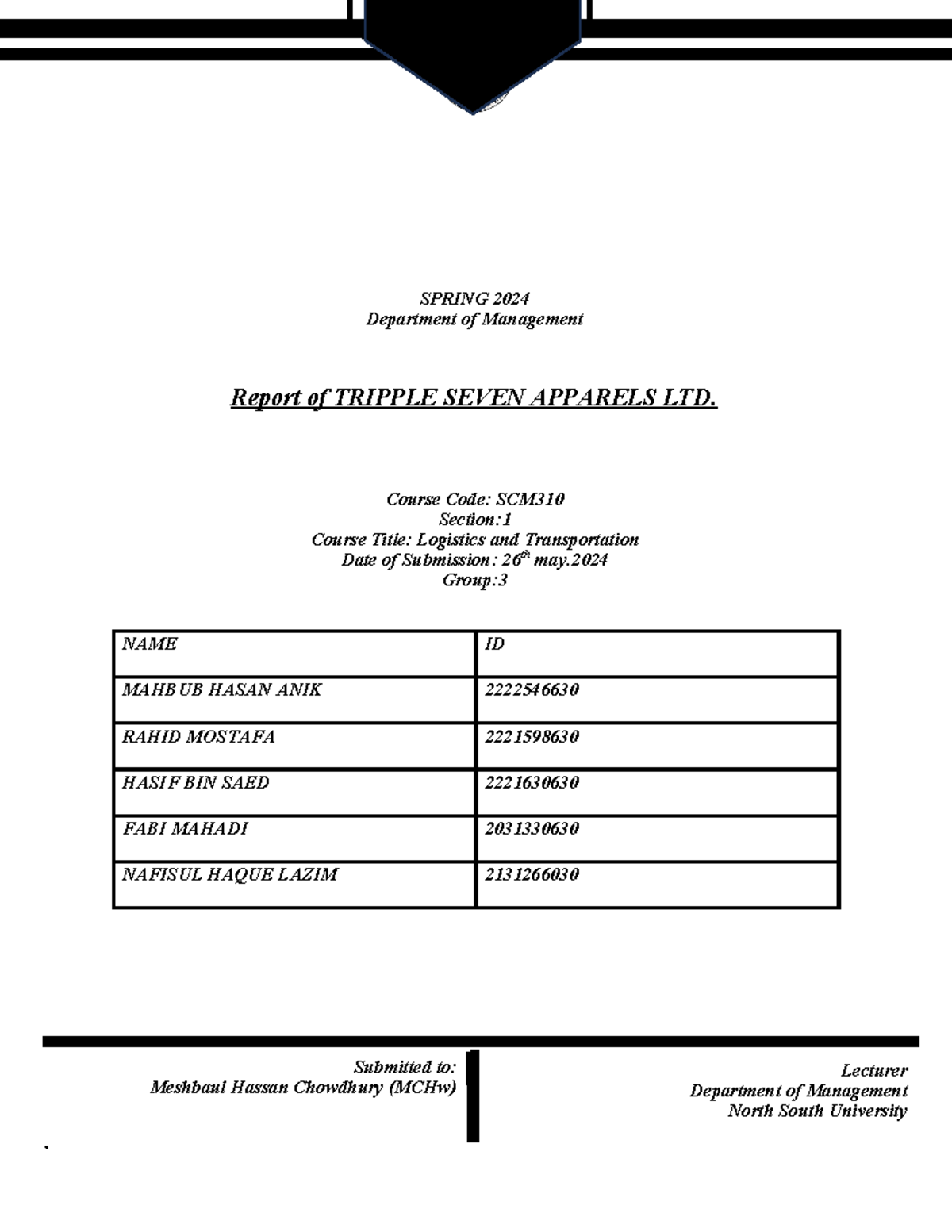 SCM310 Group Project: Logistics & Supply Chain Analysis of Triple Seven ...