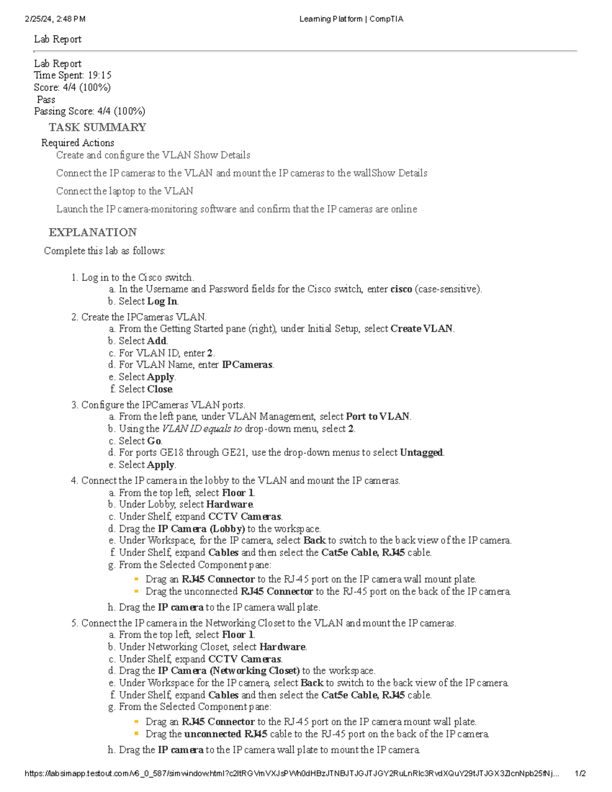 CompTIA Lab Report: Creating VLANs and Configuring IP Cameras - Studocu