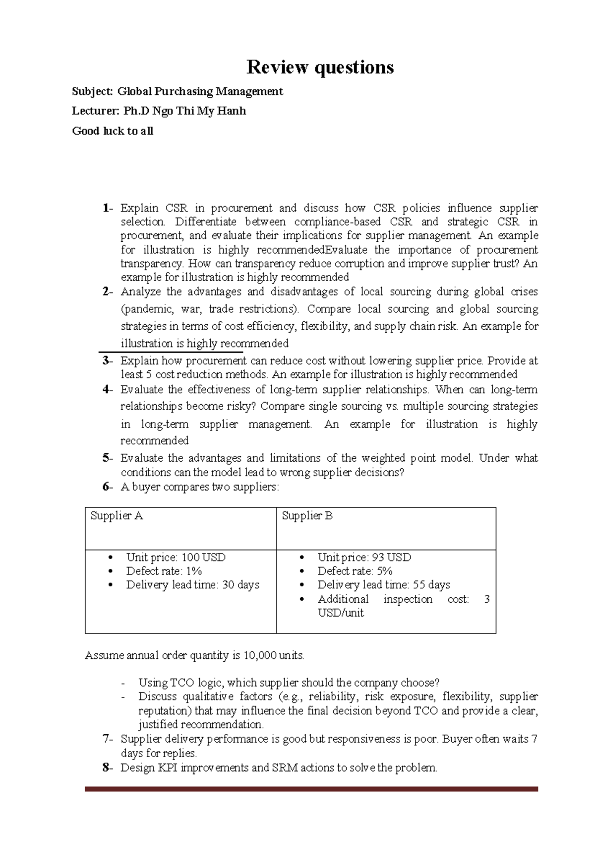 Global Purchasing Management Review Questions - Ph.D. Ngo Thi My Hanh ...