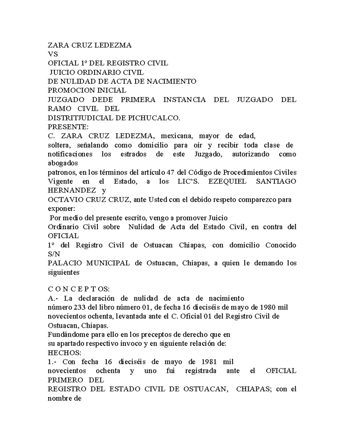 Juicio Ordinario Civil de Nulidad de Acta de Nacimiento - ZCL vs ...