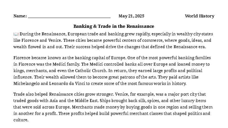 Brayden LARD - Banking & Trade in the Renaissance (World History) - Studocu