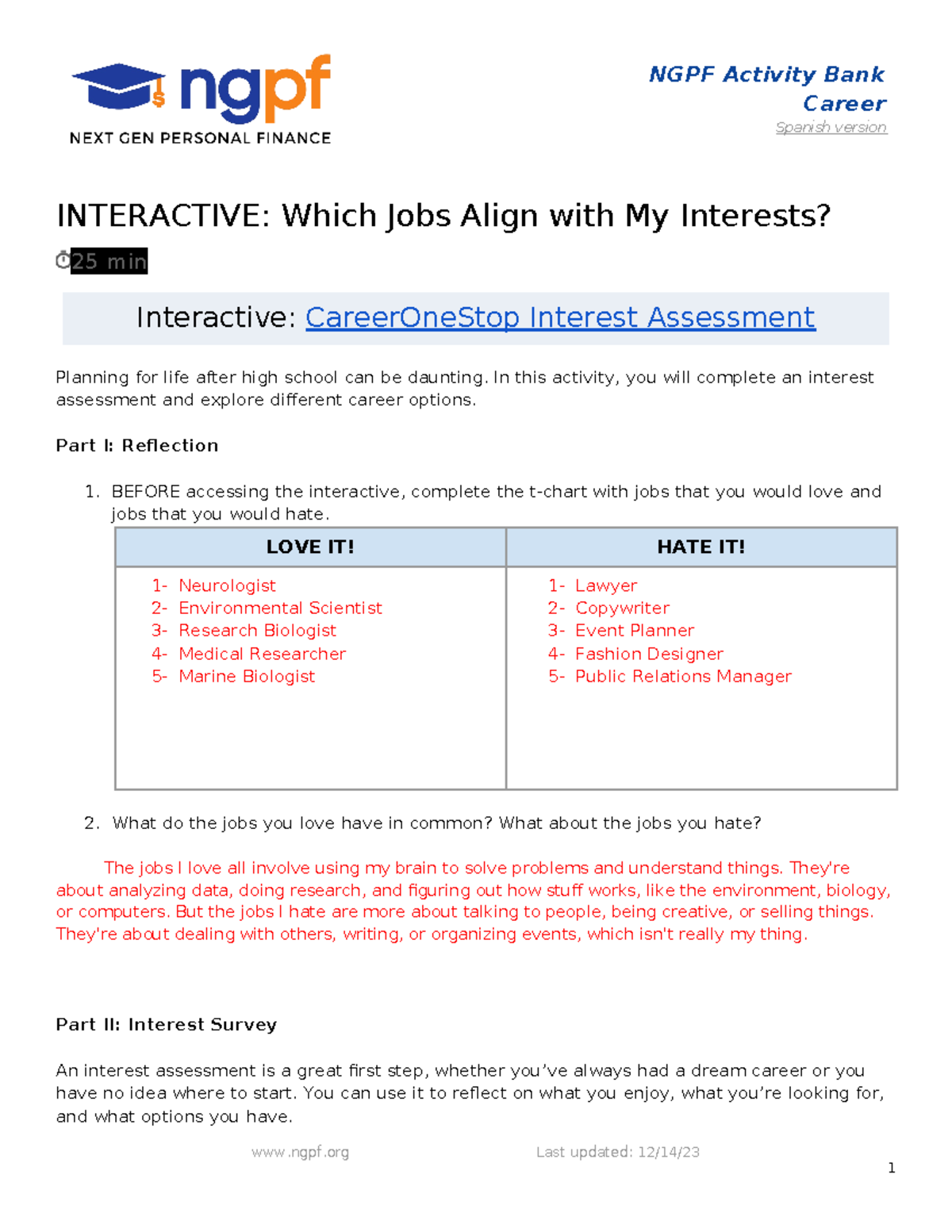 Which Jobs Align with My Interests? NGPF Career Worksheet - Studocu
