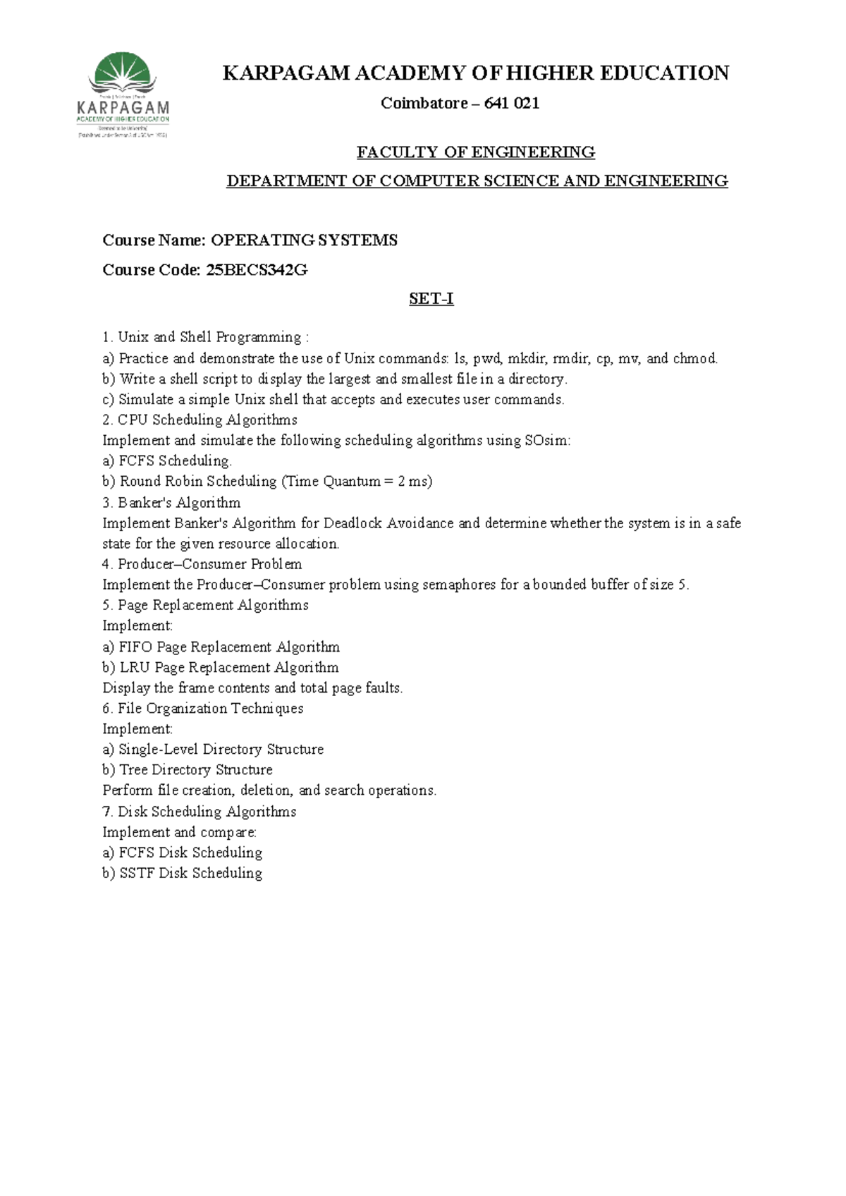 Operating Systems Lab Questions Set 1 & 2 - 25BECS342G - Studocu