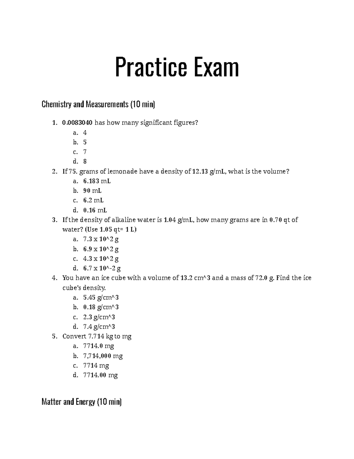 CHEM30A Practice Exam Questions and Answers Review Guide - Studocu