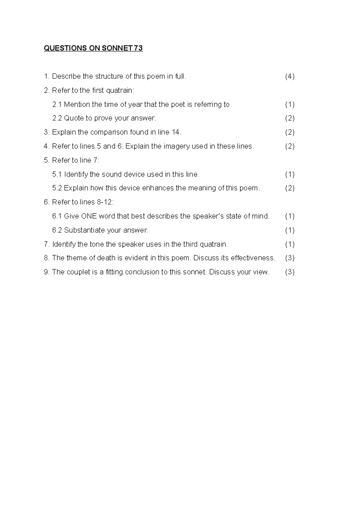 ENG101: Questions on Sonnet 73 - Analysis and Discussion Guide - Studocu