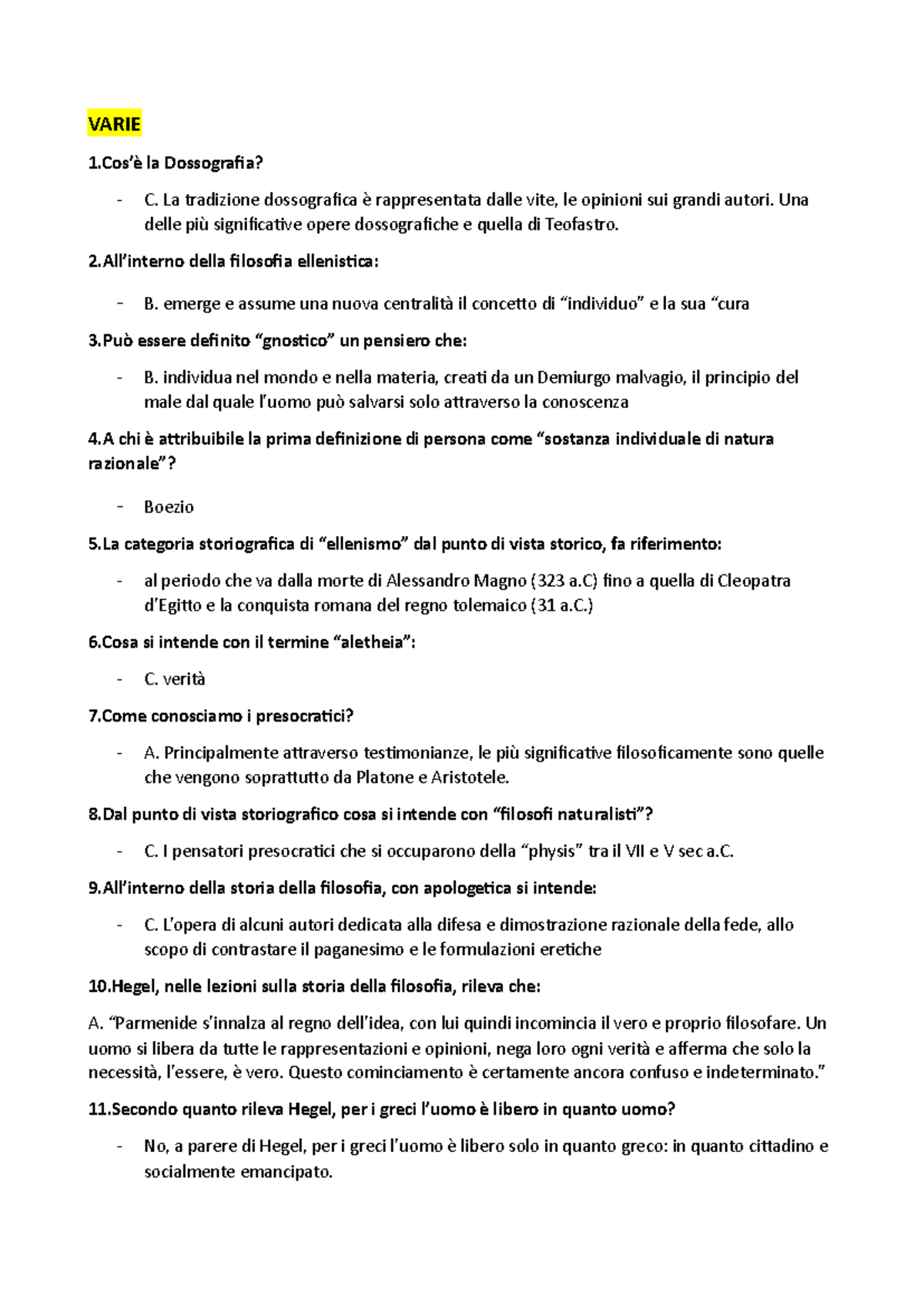 VARIE la Dossografia? Domande e Risposte sulla Filosofia ELLENISTICA ...