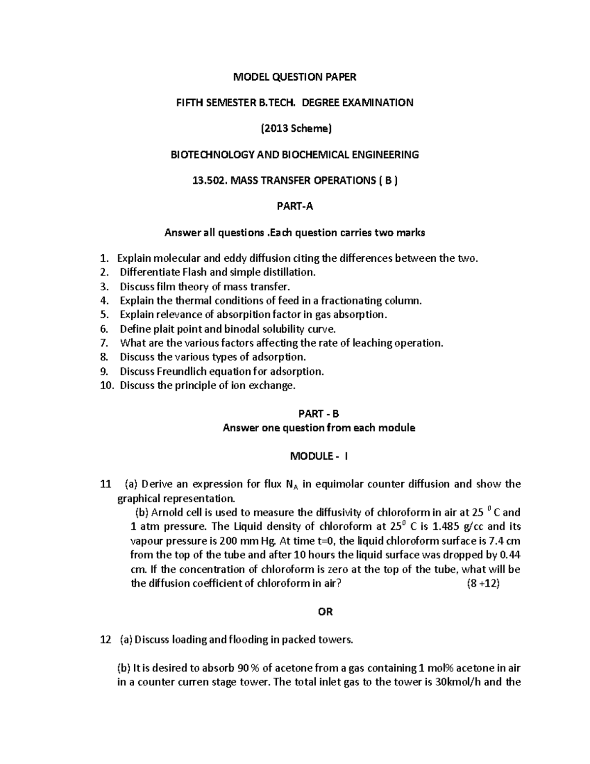 Biotechnology AND Biochemical Engineering Question Paper - MODEL ...