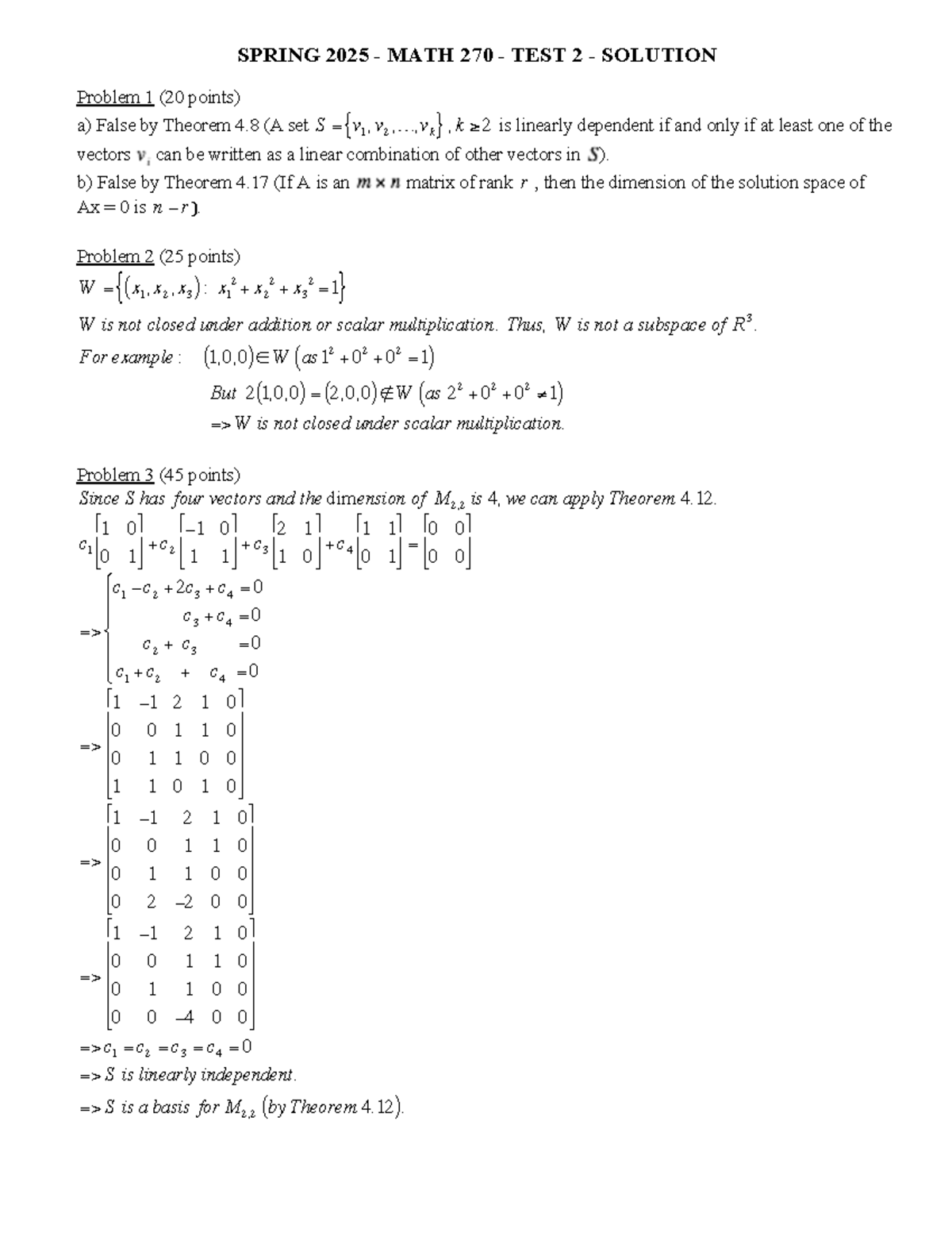 MATH 270 SPRING 2025 TEST 2 SOLUTIONS AND EXPLANATIONS - Studocu