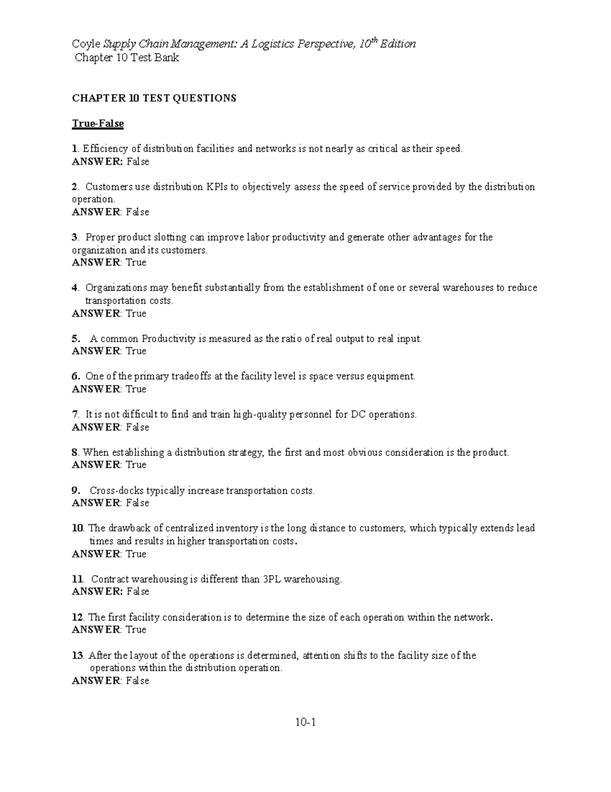 Ch. 10 - 10e test questions - Chapter 10 Test Bank CHAPTER 10 TEST ...