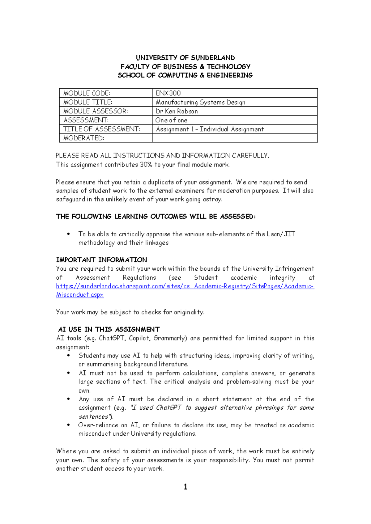 ENX300 Assignment 1: Manufacturing Systems Design Analysis - Studocu
