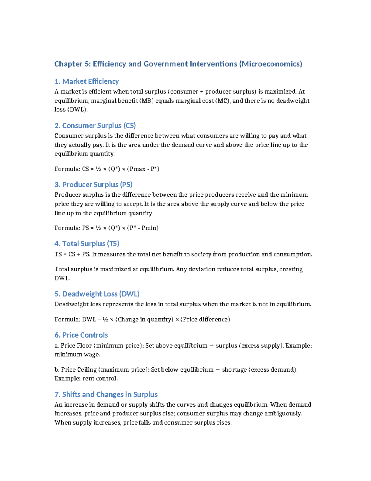 Microeconomics Chapter 5: Efficiency & Gov Interventions Notes - Studocu