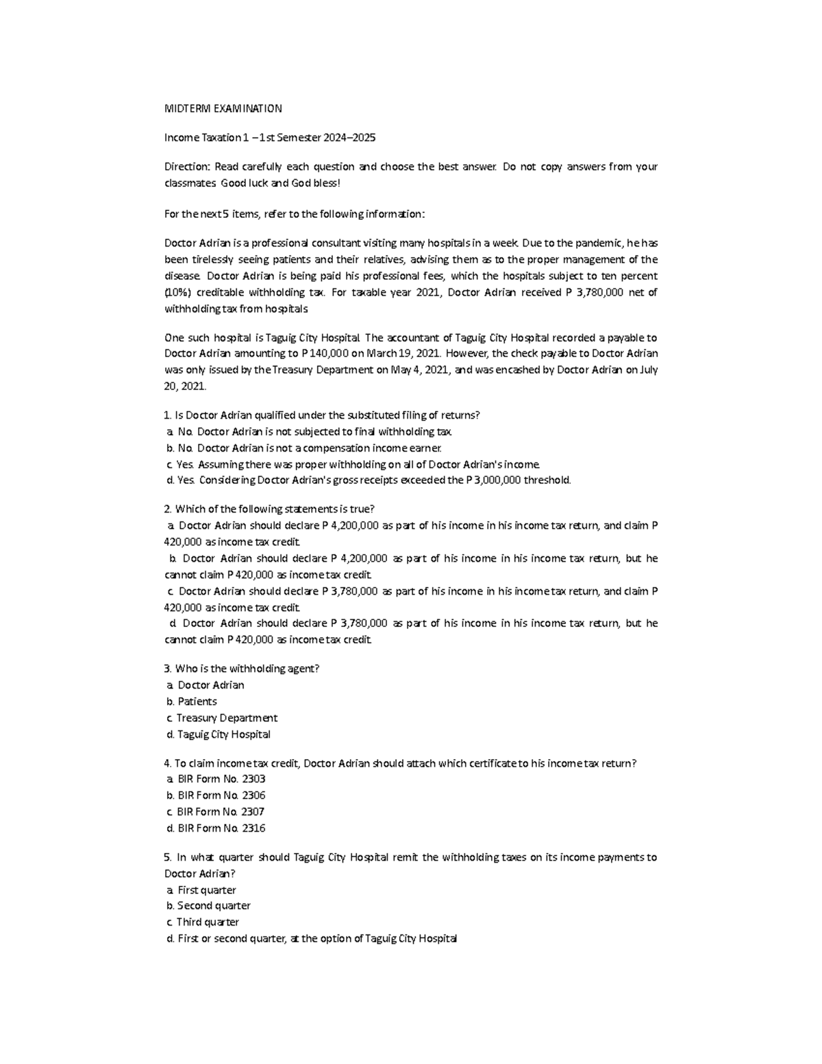 MIDTERM EXAMINATION Income Taxation 1 1st Semester Review Notes - Studocu