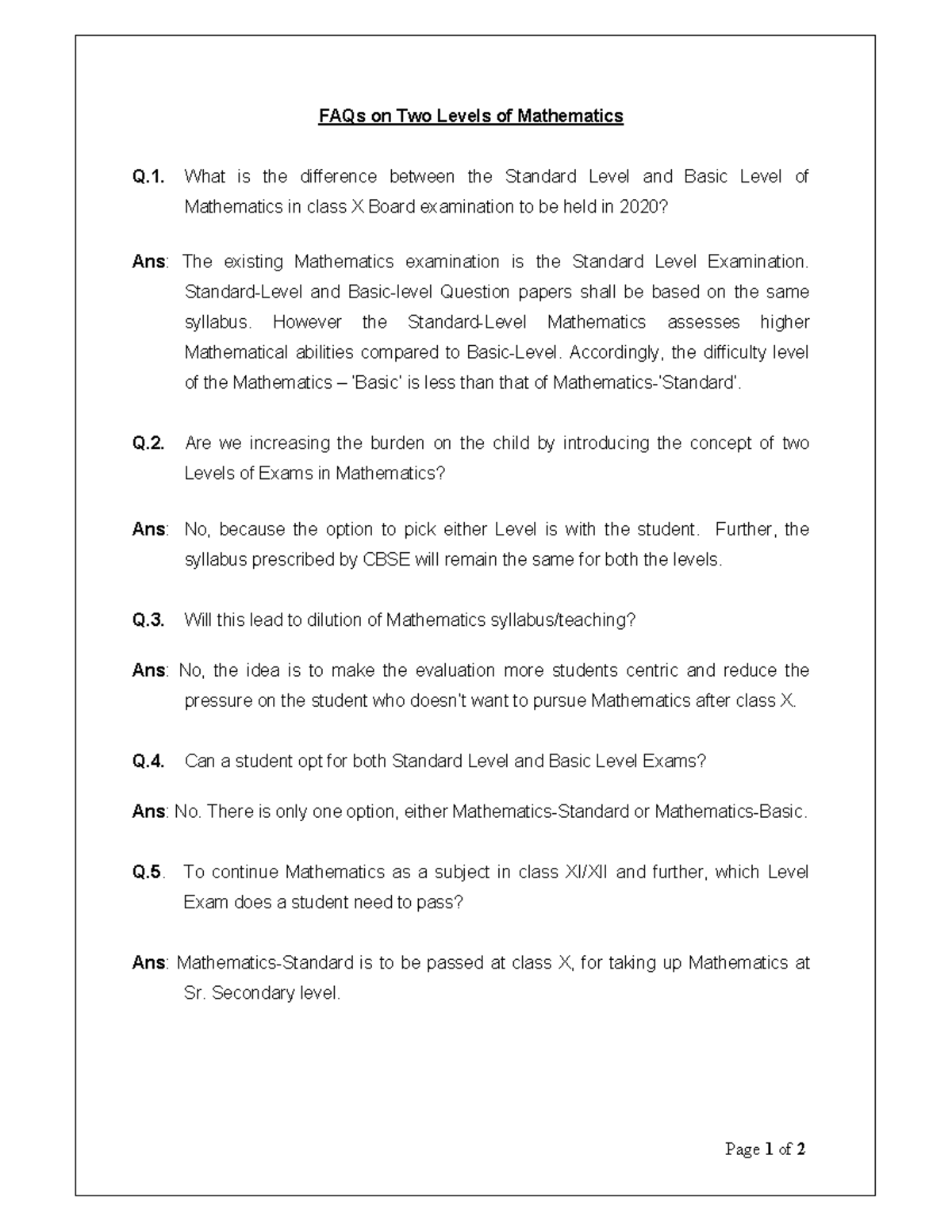 FAQs on Two Levels of Mathematics for Class X Board Exam 2020 - Studocu