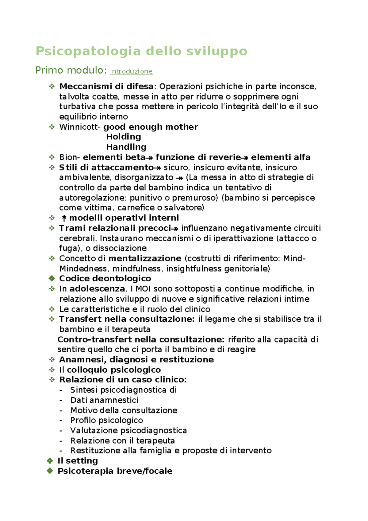 Psicopatologia dello Sviluppo: Moduli e Meccanismi di Difesa - Studocu