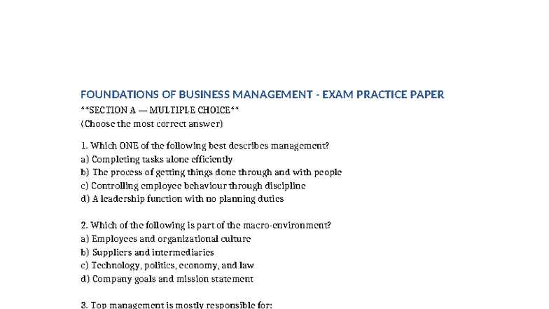 Foundations of Business Management Exam Practice Paper - Studocu