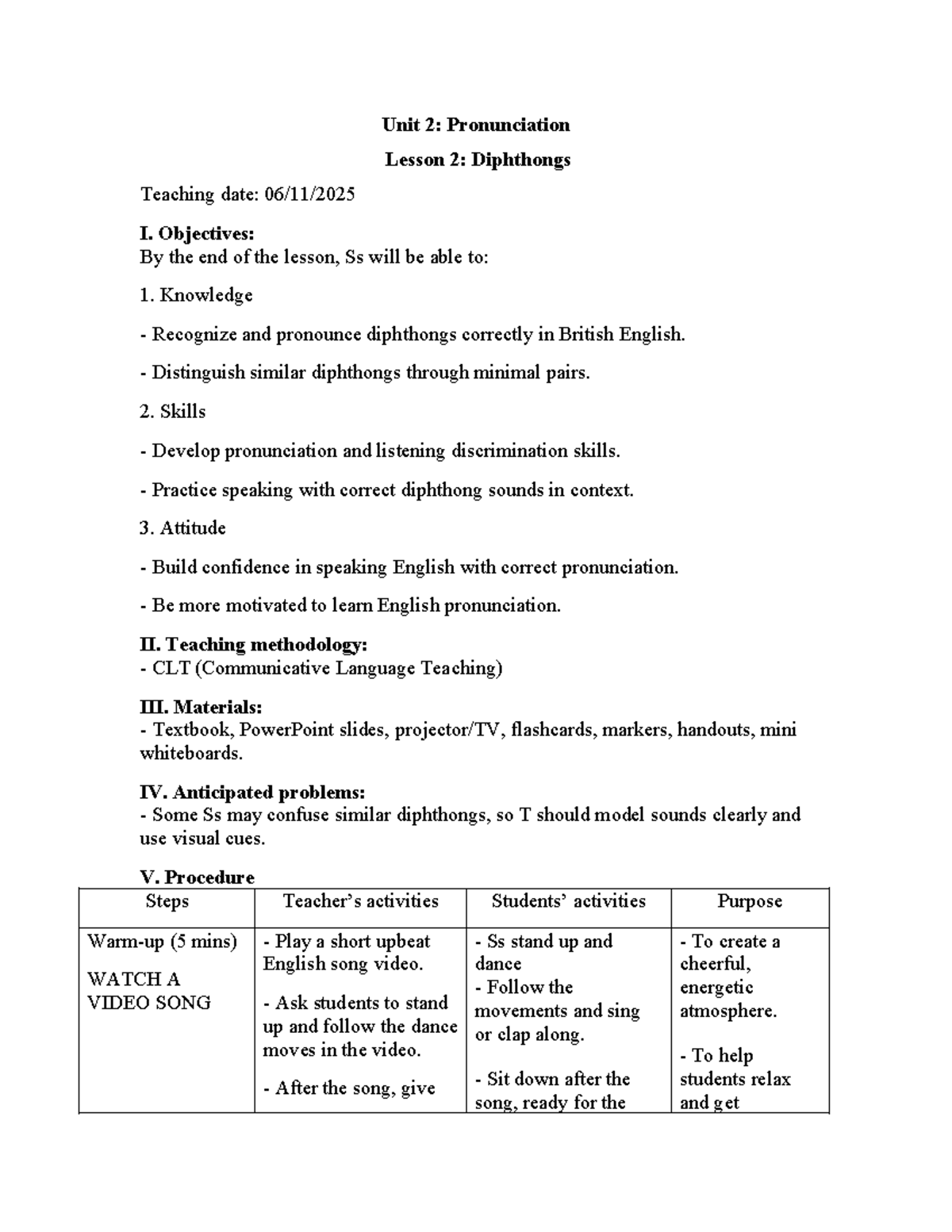 Unit 2: Pronunciation - Lesson 2 on Diphthongs PSE - Studocu