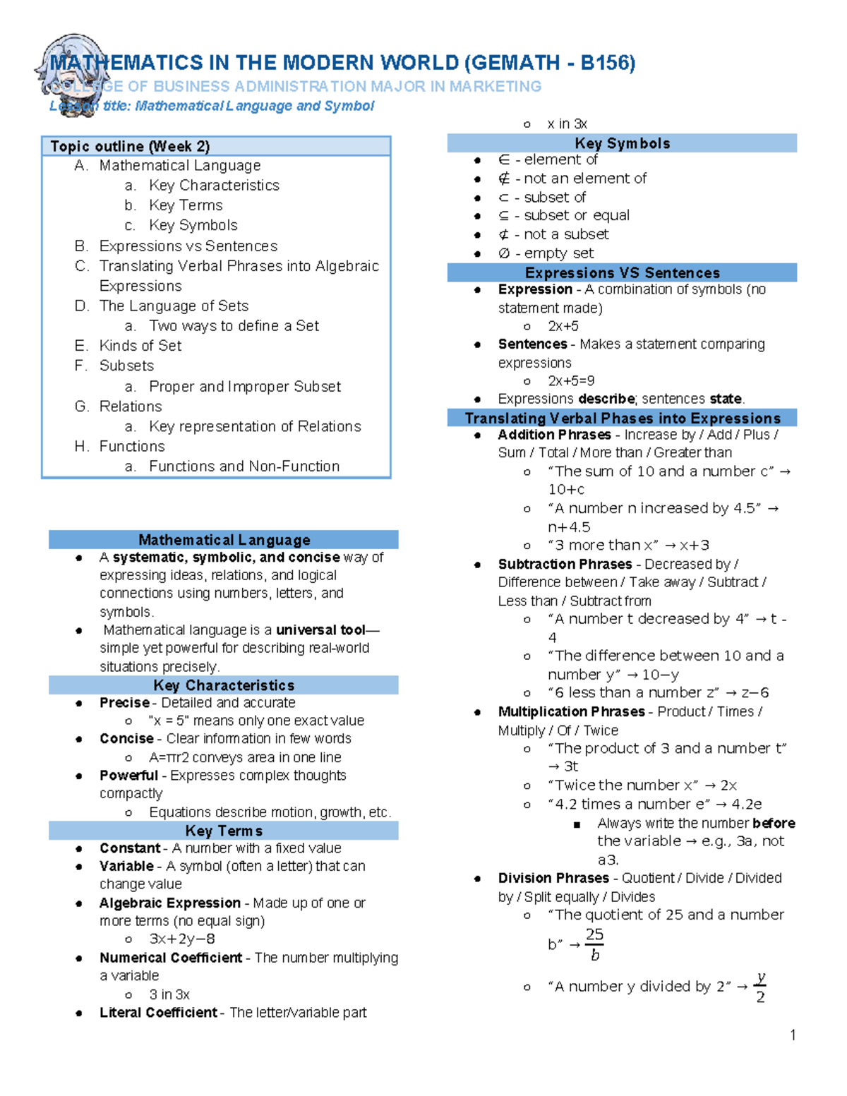 GEMATH B156: Week 2 Lesson on Mathematical Language and Symbols - Studocu