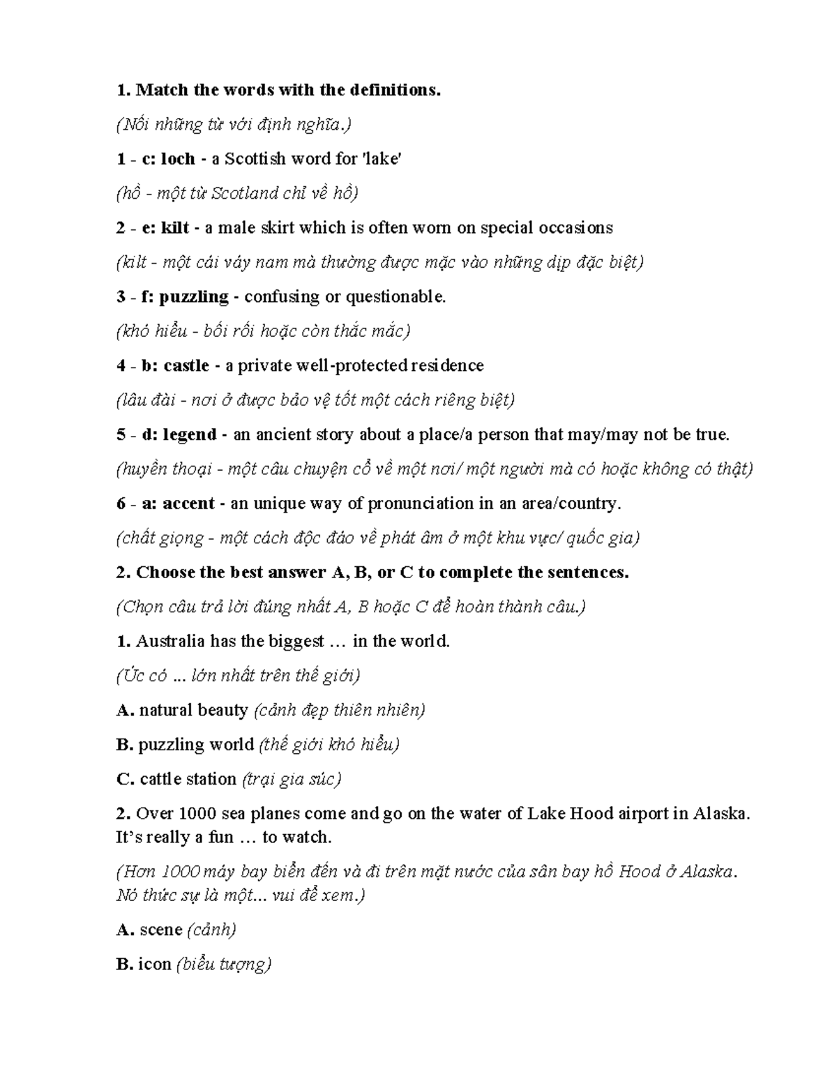 Vocabulary Matching and Sentence Completion Exercise (ENG 101) - Studocu