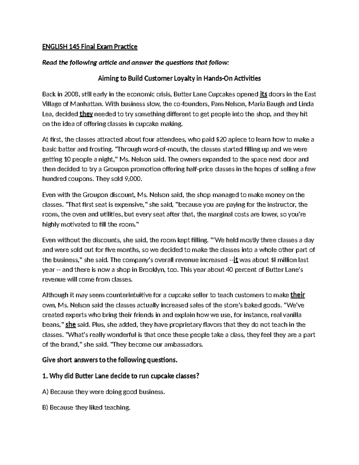 ENGL 145 Final Exam Practice: Customer Loyalty & Present Continuous ...