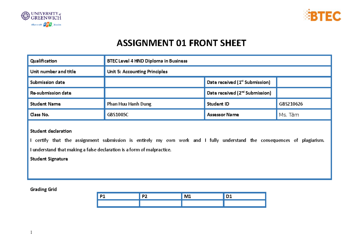 5038 Assignment-1-Front-Sheet - ASSIGNMENT 01 FRONT SHEET Qualification BTEC Level 4 HND Diploma ...