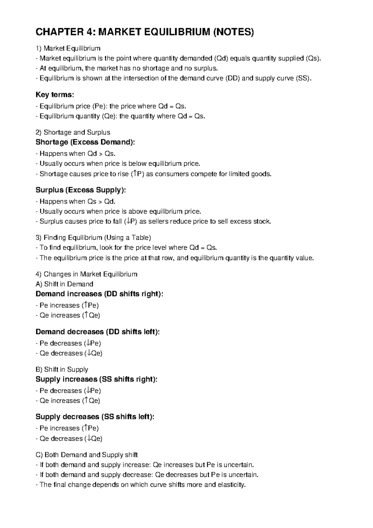 ECO162 Chapter 4: Market Equilibrium Notes and Key Concepts - Studocu