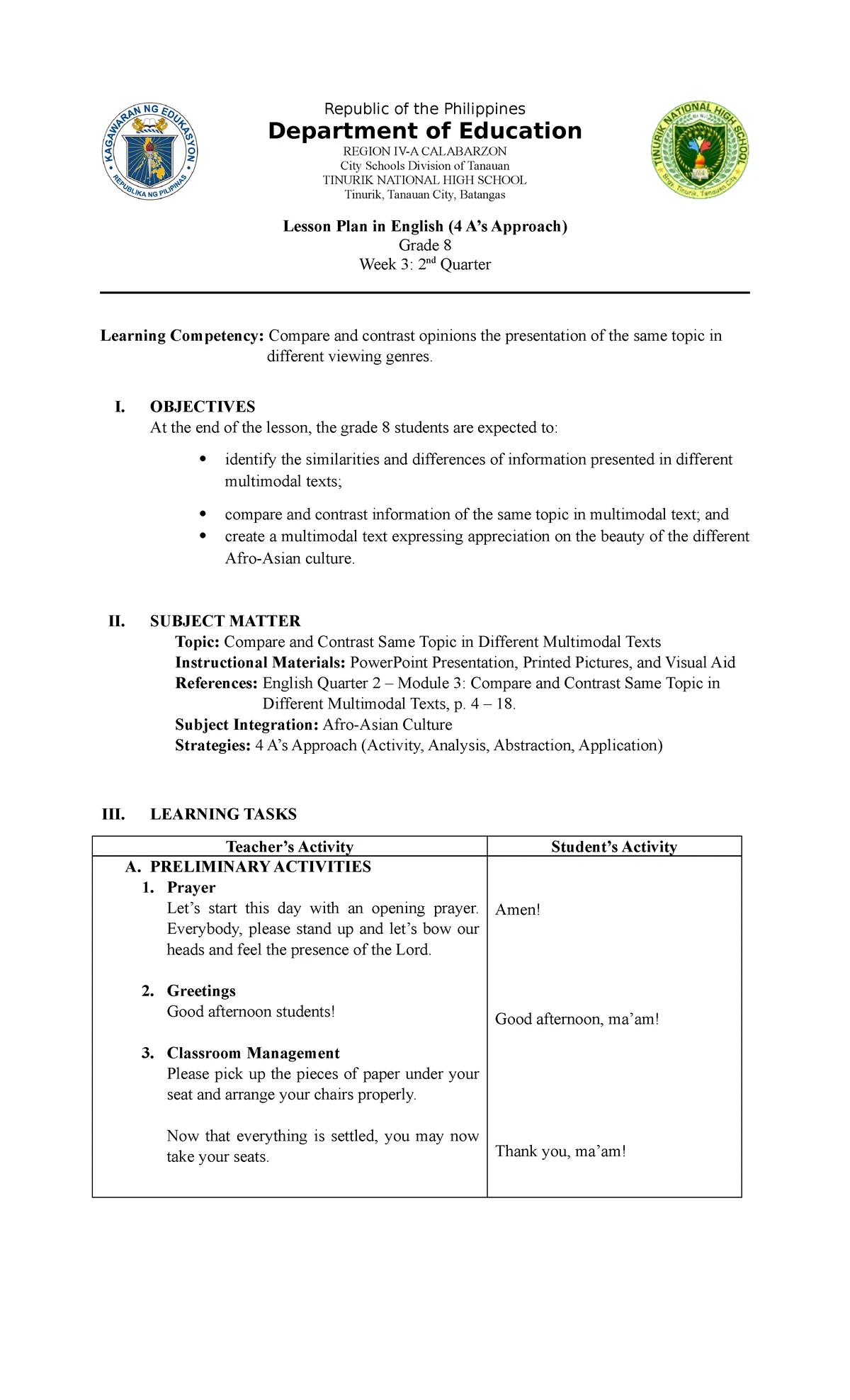Lesson PLAN Grade IV Reality AND Fantasy - LESSON PLAN GRADE IV: REALITY AND FANTASY Lesson Plan ...