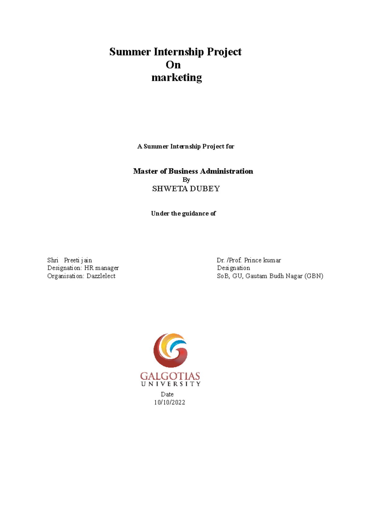 MBA Summer Internship Project Report on Digital Marketing at Dazzlelect ...