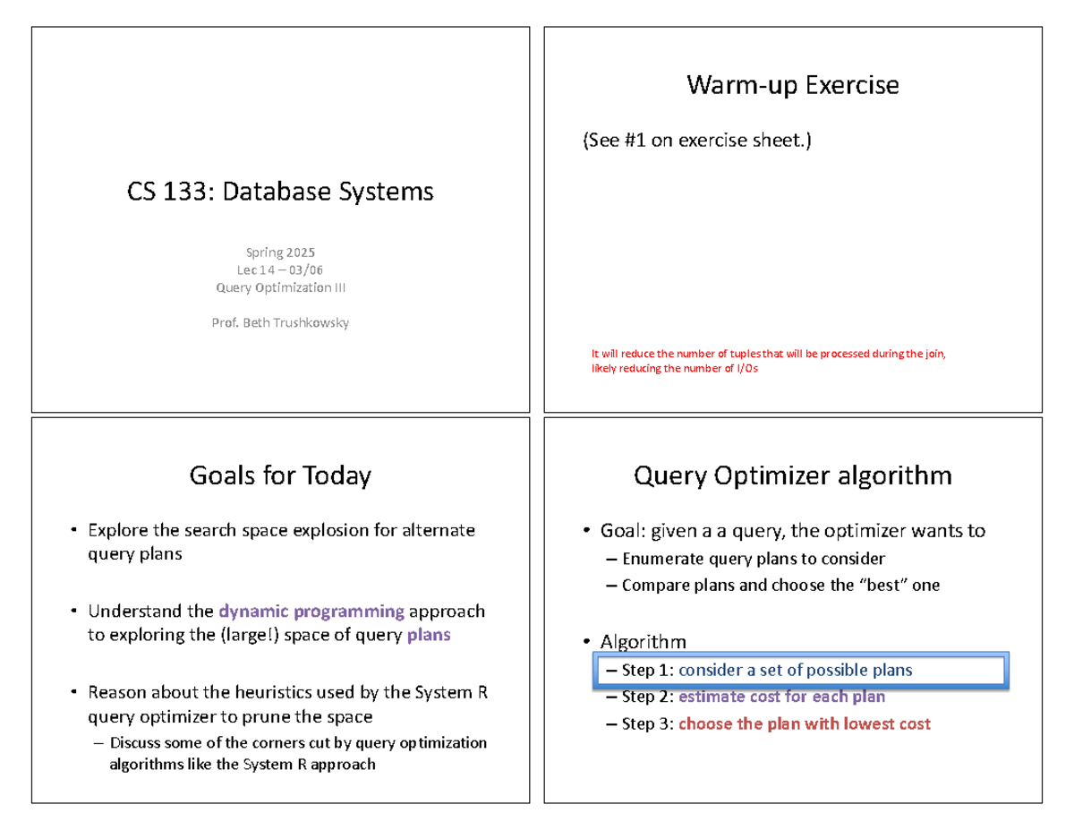 CS 133: Database Systems - Lecture 14: Dynamic Programming in Query Optimization - Studocu