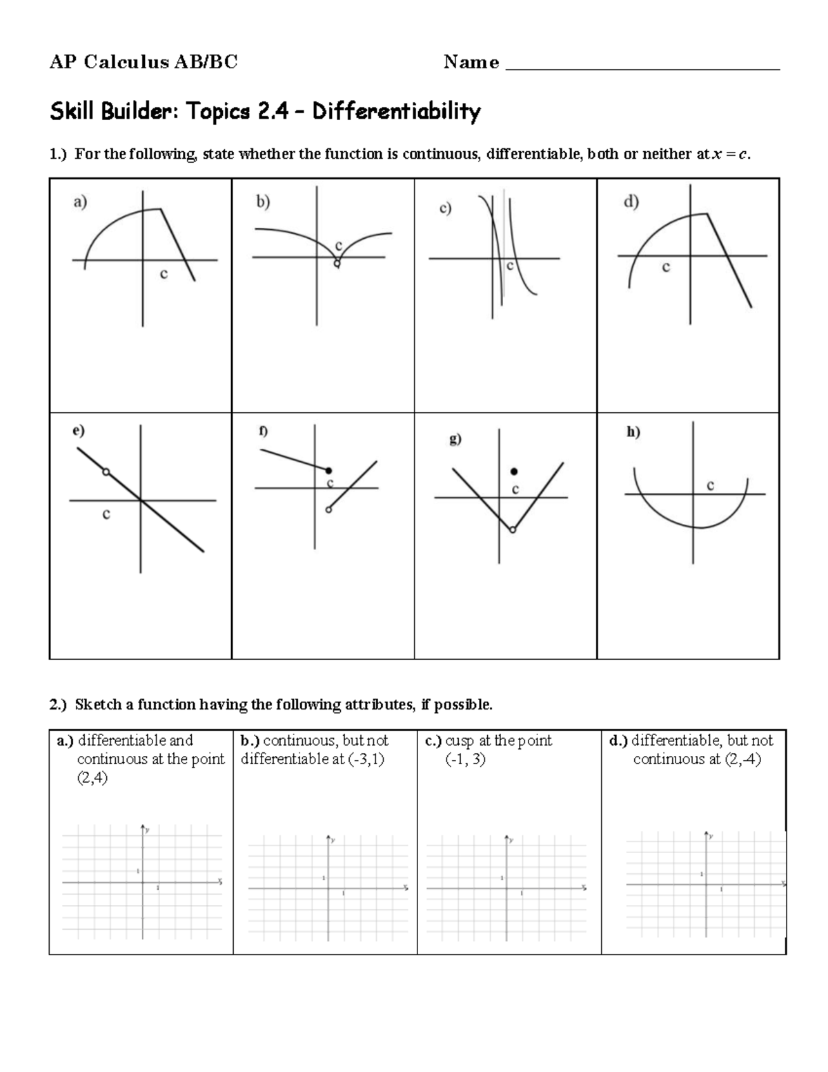 AP Calculus (APC) Skill Builder: Topic 2.4 - Differentiability Analysis ...