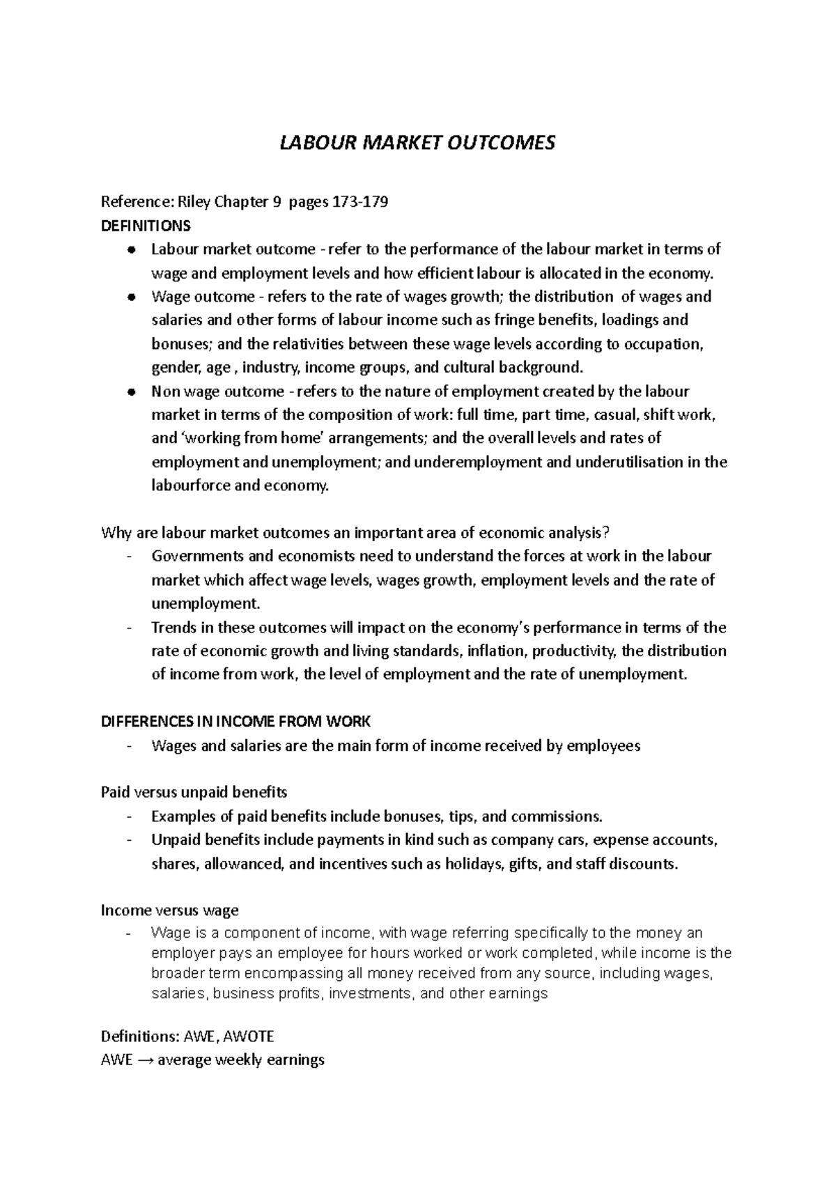 Week 10 Economics - Labour Market Outcomes & Trends Notes - Studocu