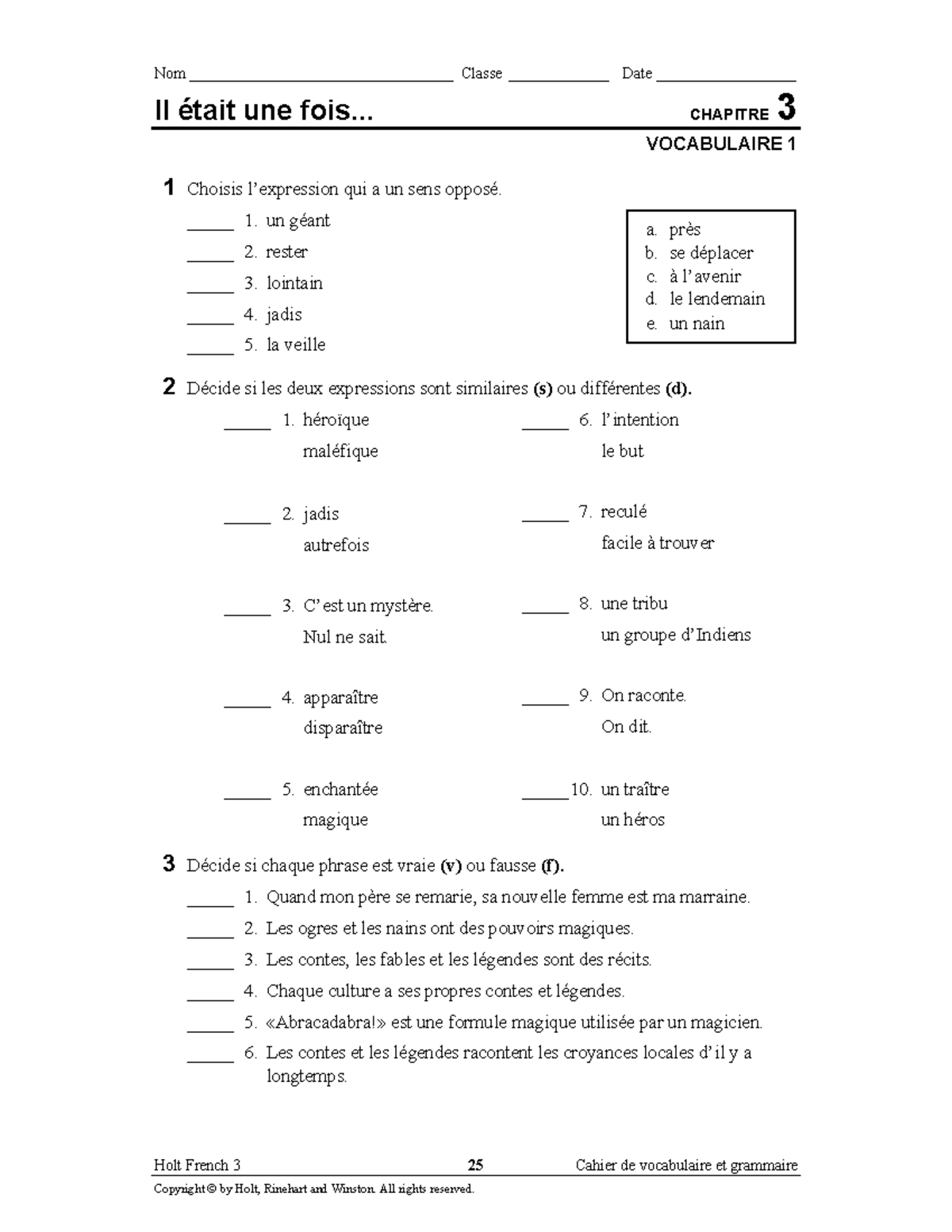 Holt French 3 Chapter 3 Vocabulary and Grammar Study Guide - Studocu