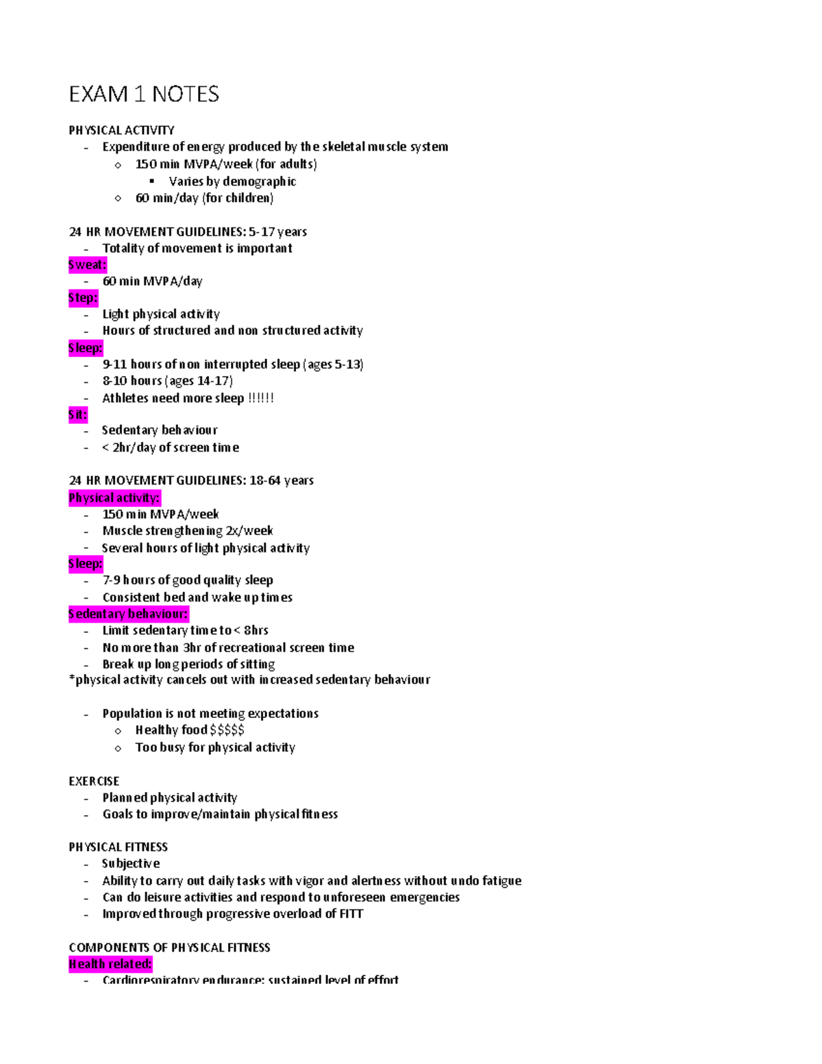 Midterm 1 Notes: Physical Activity & Energy Expenditure - Studocu
