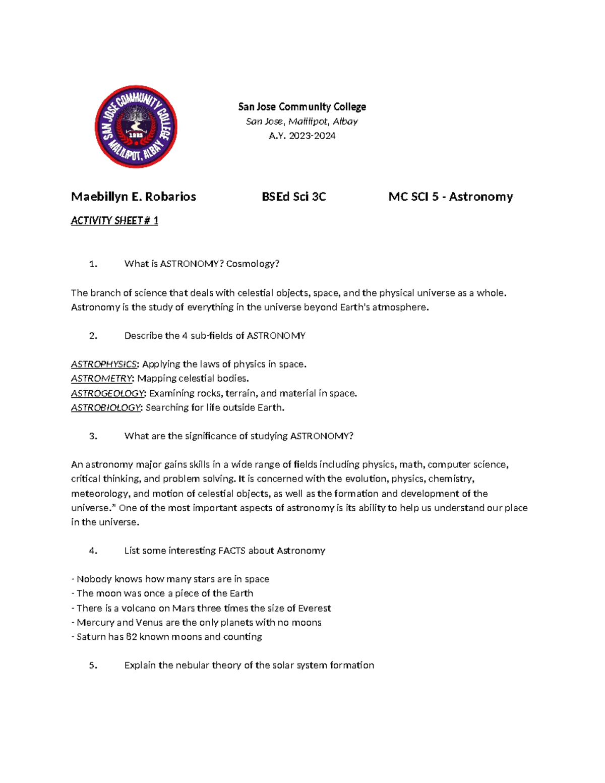 Astronomy Activity Sheet #1 - BSEd Sci 3C MC SCI 5 - Studocu