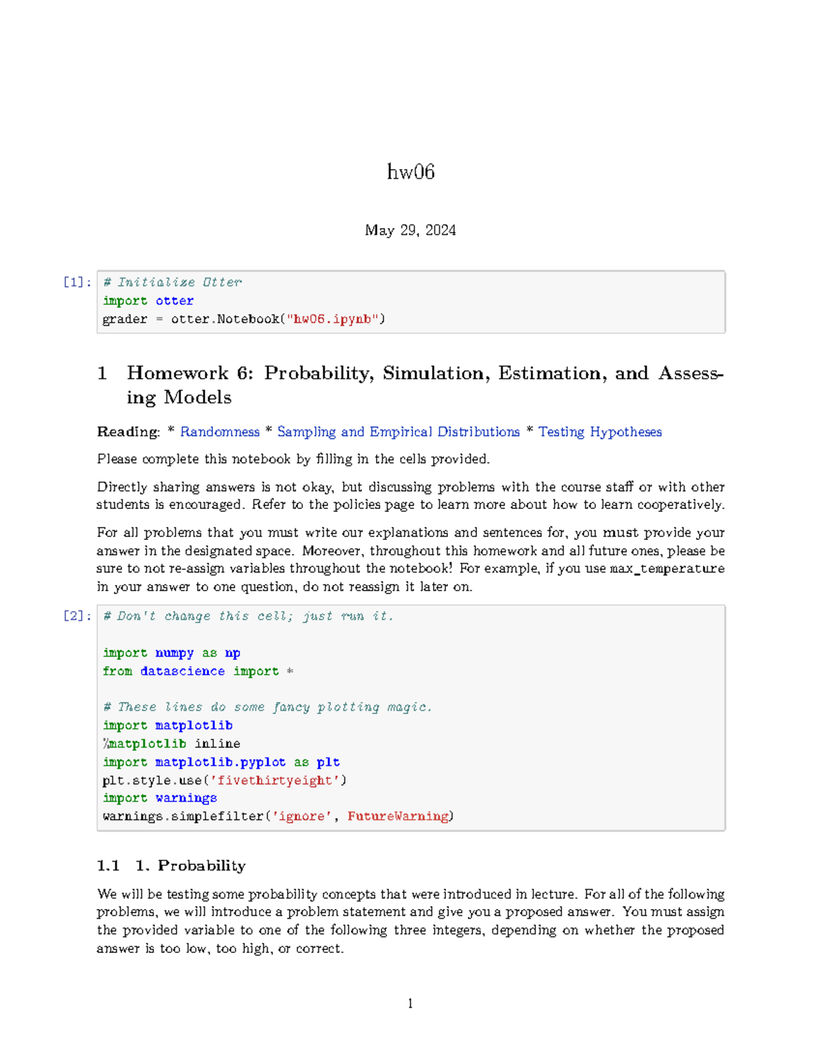 Hw06 - Probability, Simulation, and Estimation Homework - Studocu