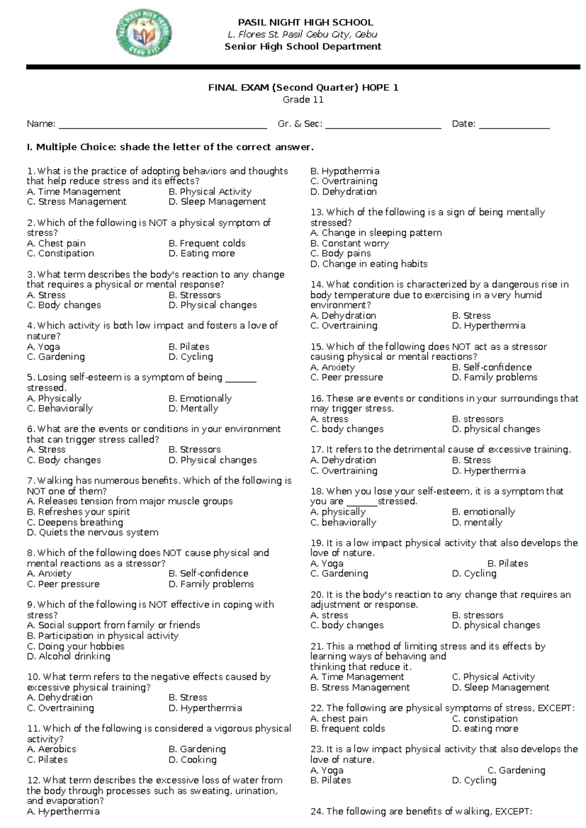 Grade 11 HOPE 1 Final Exam Review: 2nd Periodic Test - Studocu