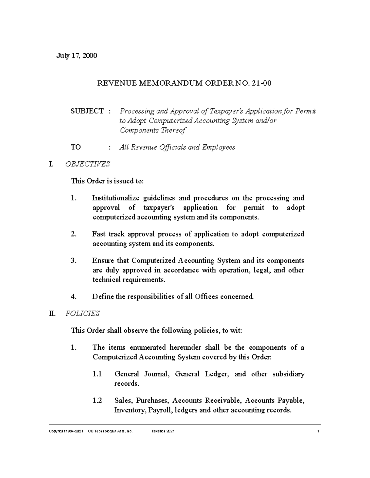 RMO No. 21-00: Guidelines for Computerized Accounting System Approval - Studocu