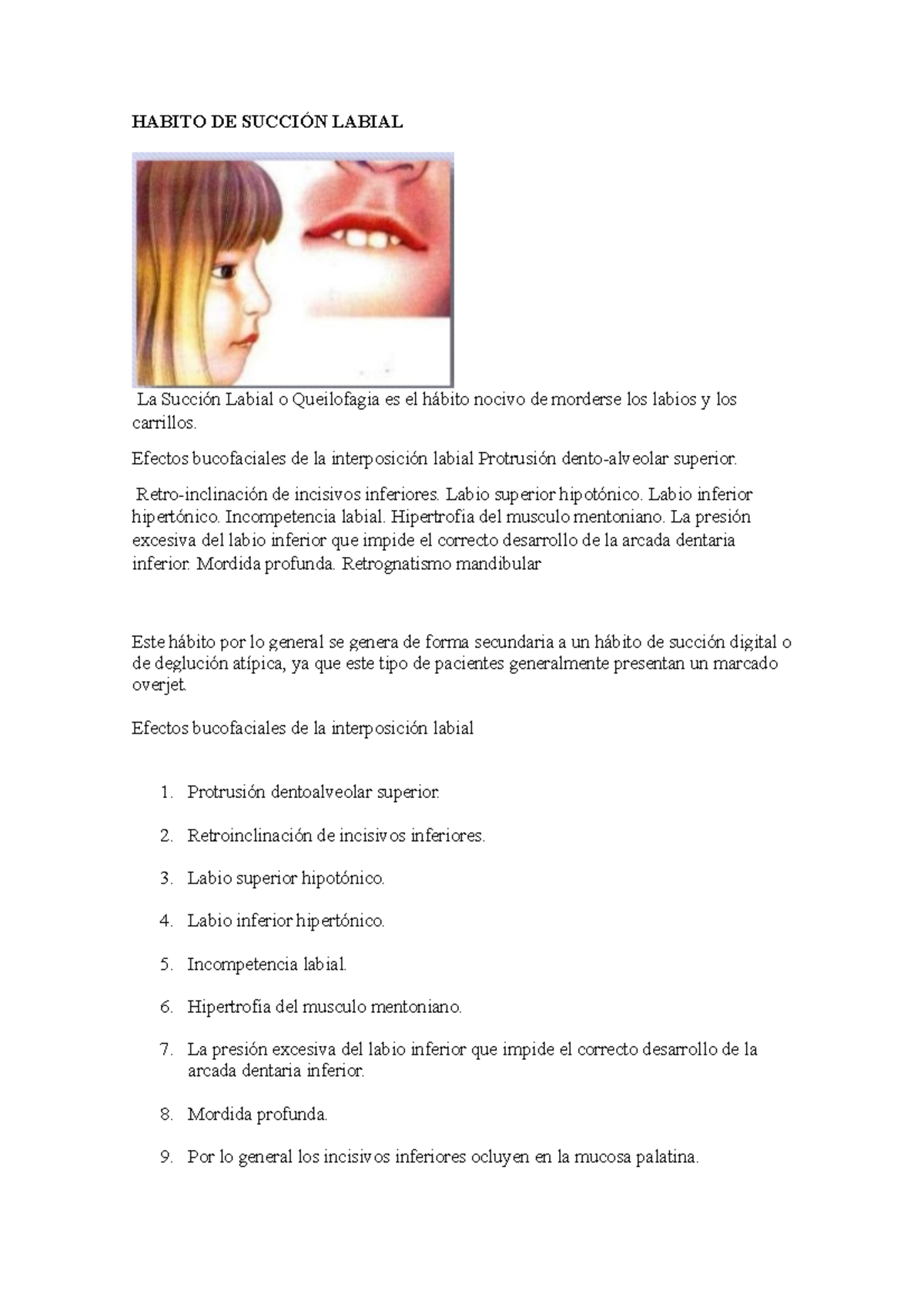 Efectos y Tratamiento del Habito de Succión Labial en Niños - Studocu