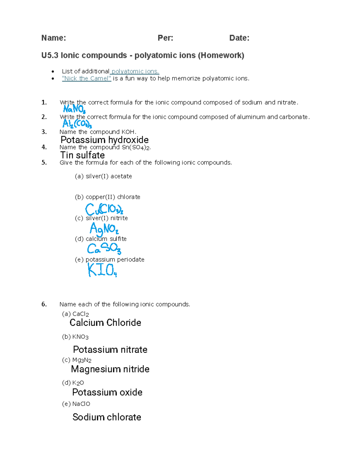 U5.3 Ionic Compounds & Polyatomic Ions Homework Guide - Studocu