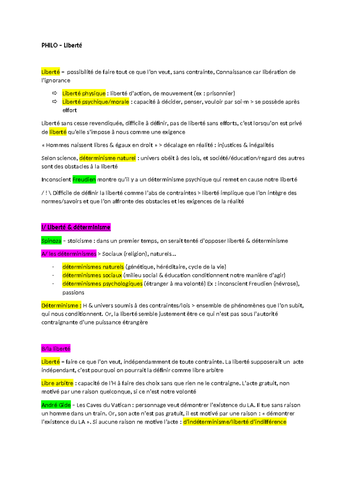 PHILO - 5. Liberté : Définition, Déterminisme et Libre Arbitre - Studocu
