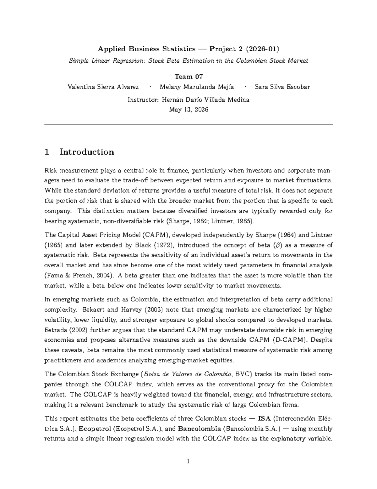 Applied Business Statistics Project 2: Stock Beta Estimation in ...