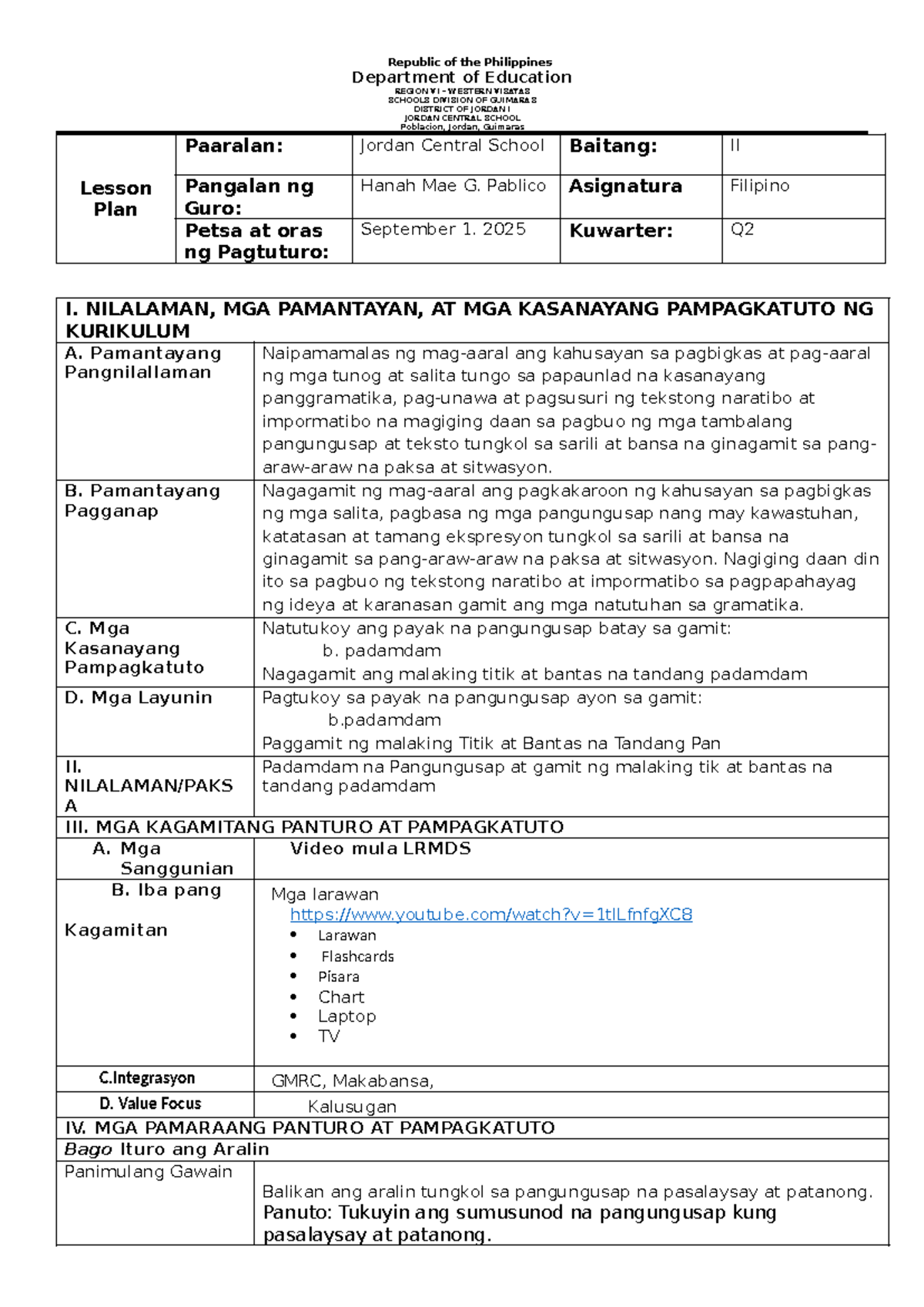 Filipino Q2 Lesson Plan: Paggamit ng Pangungusap na Padamdam - Studocu