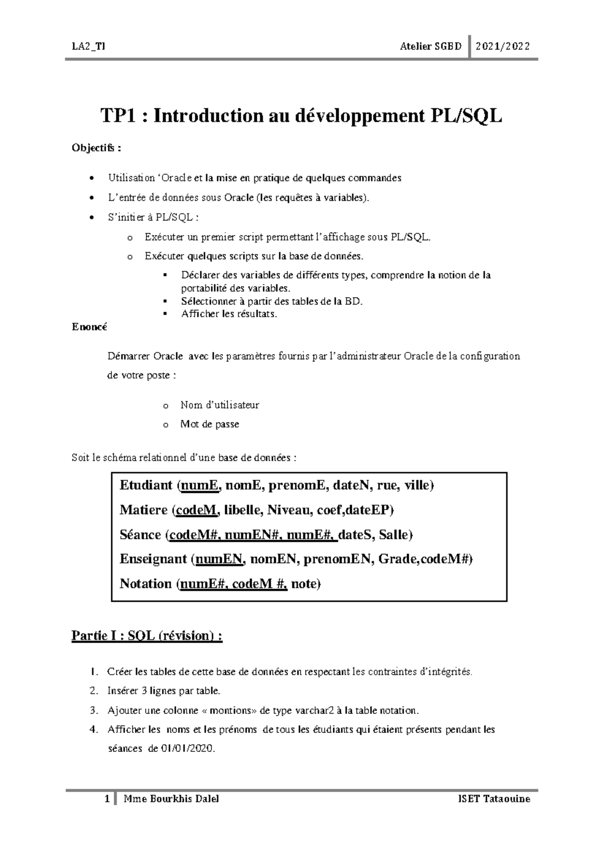 TP1: Introduction au Développement PL/SQL - Atelier SGBD 2021/22 - Studocu