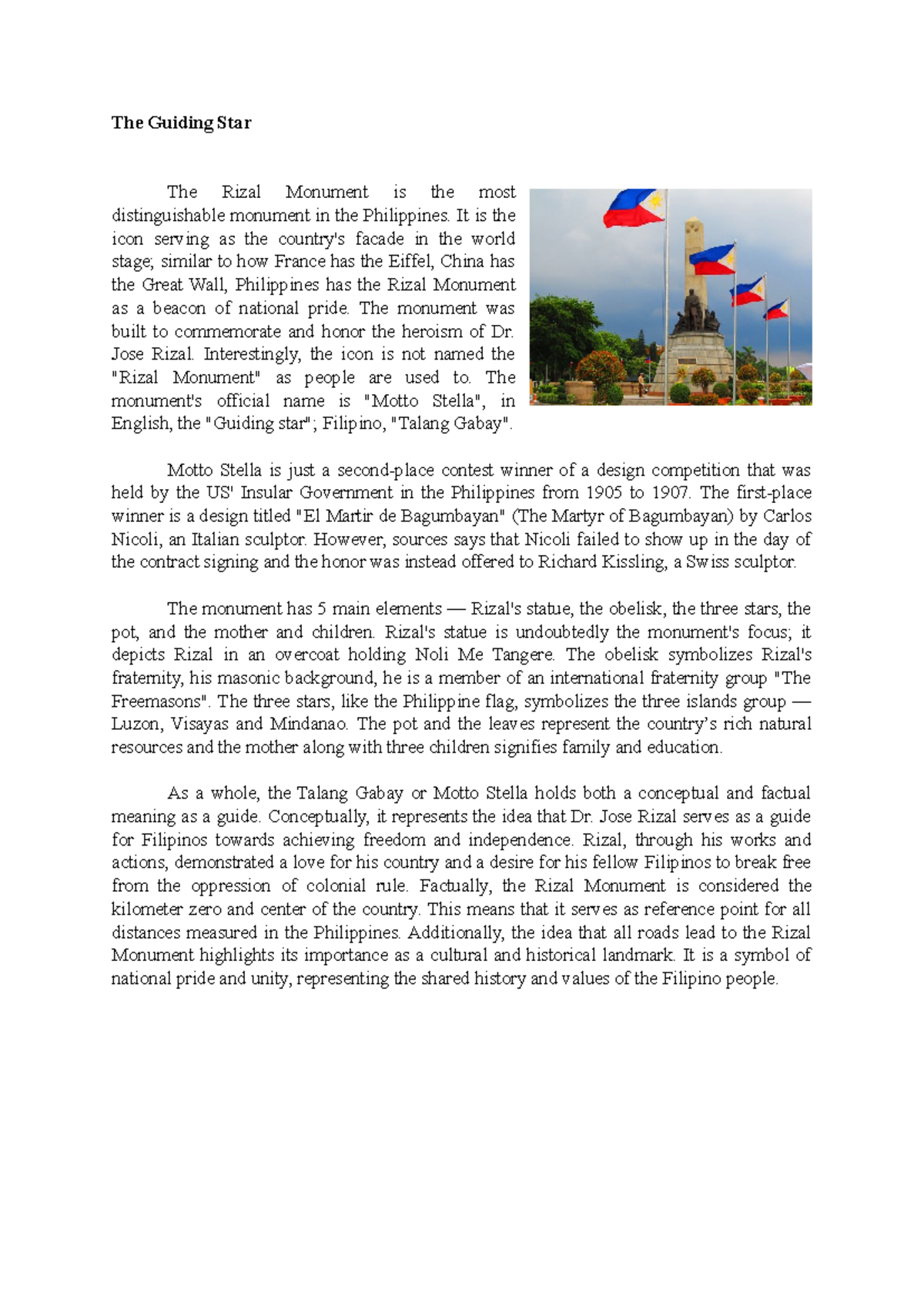 Motto Stella: The Rizal Monument as a National Symbol - Studocu