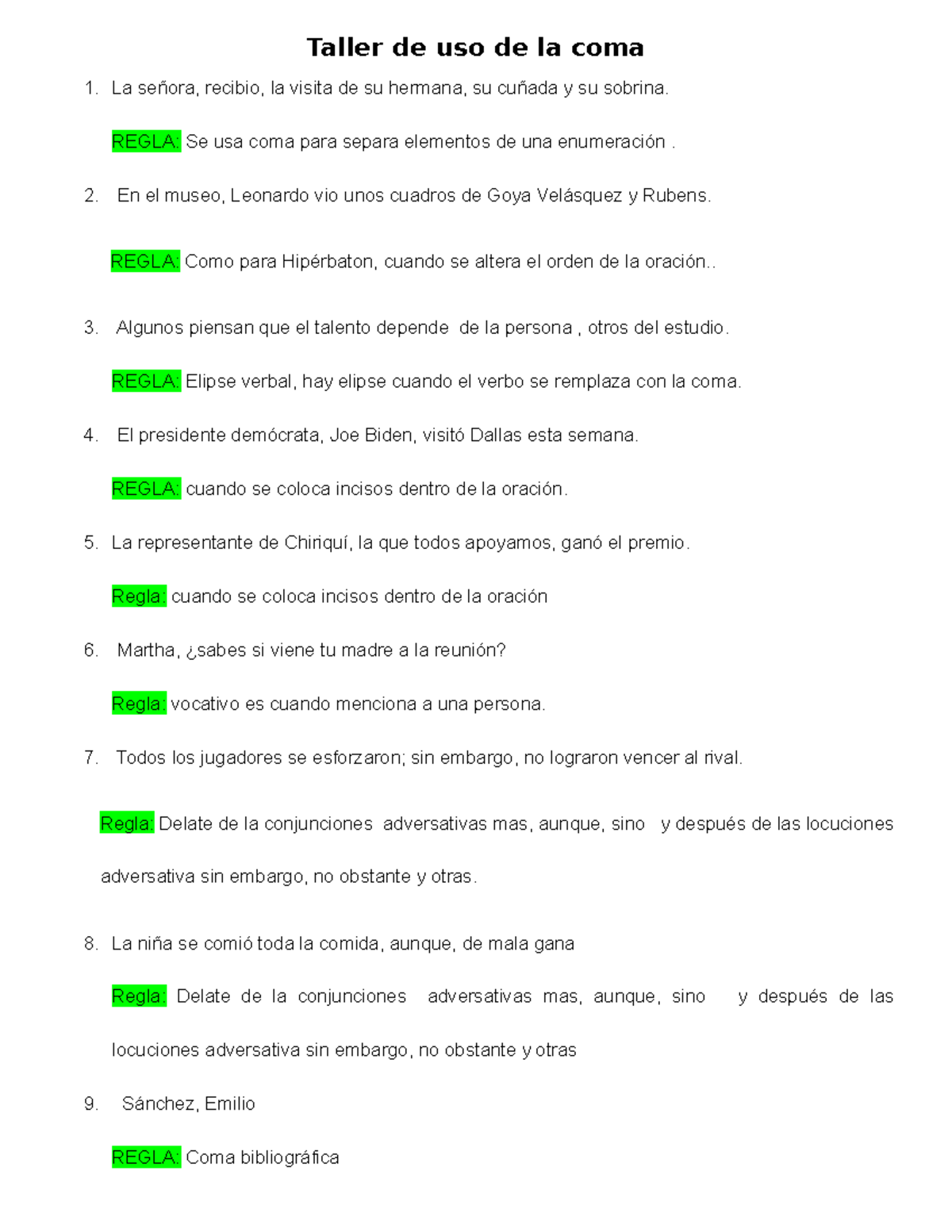 Taller de Uso de la Coma: Reglas y Ejemplos Prácticos - AJA - Studocu