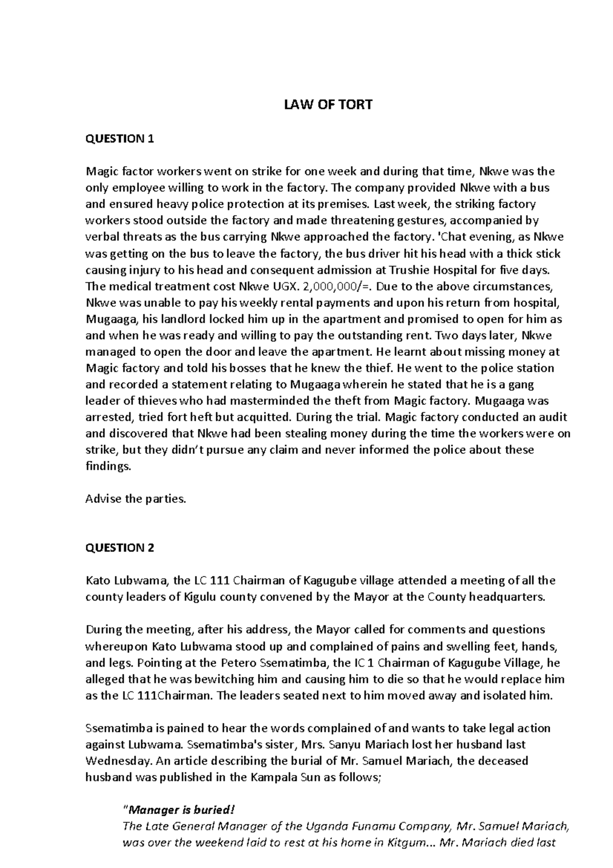 LAW OF TORT EXAM - QUESTIONS & ANALYSIS - Studocu