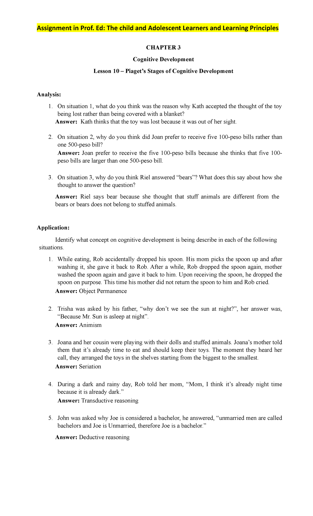 Answer Sheet: Child & Adolescent Learning Principles - Chapter 3 ...