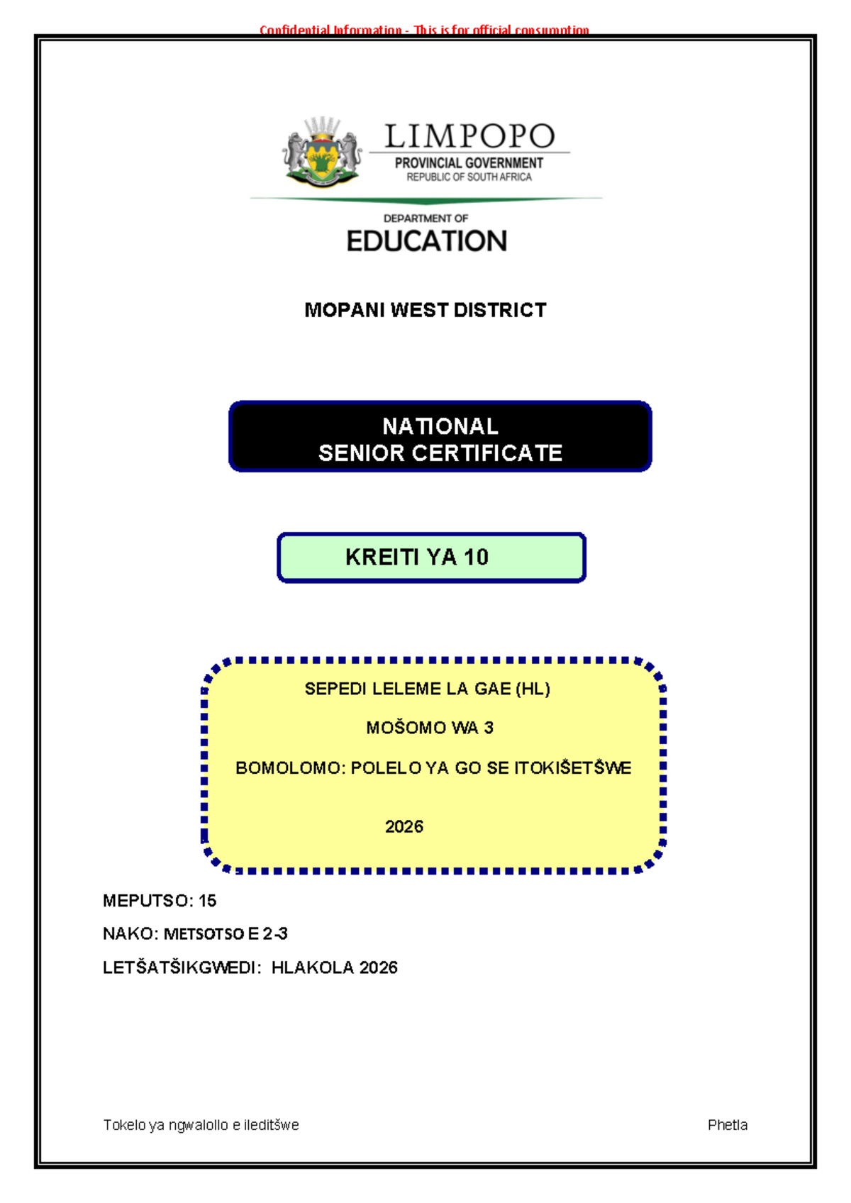 Sepedi HL Grade 10 Unprepared Speech Task - MOPANI WEST 2026 - Studocu