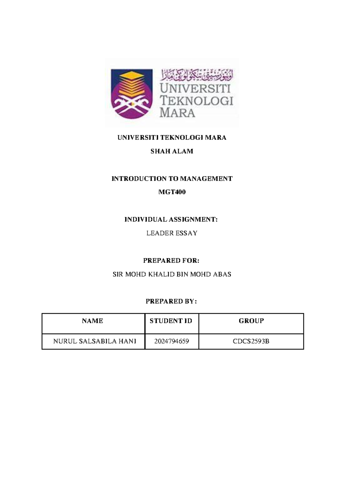 2024794659 Nurul Salsabila HANI MGT400 Individual Assignment ...