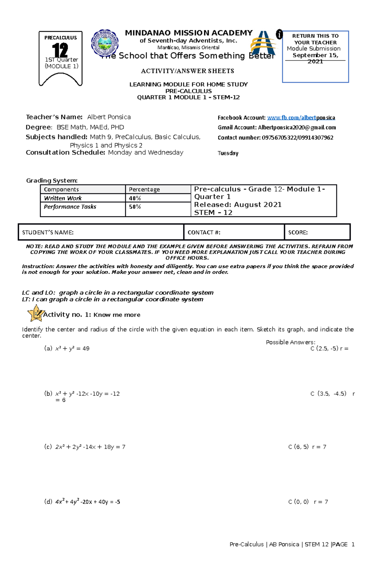 Precalculus Q1 M1 Activity Sheet - August 2021 Submission - Studocu