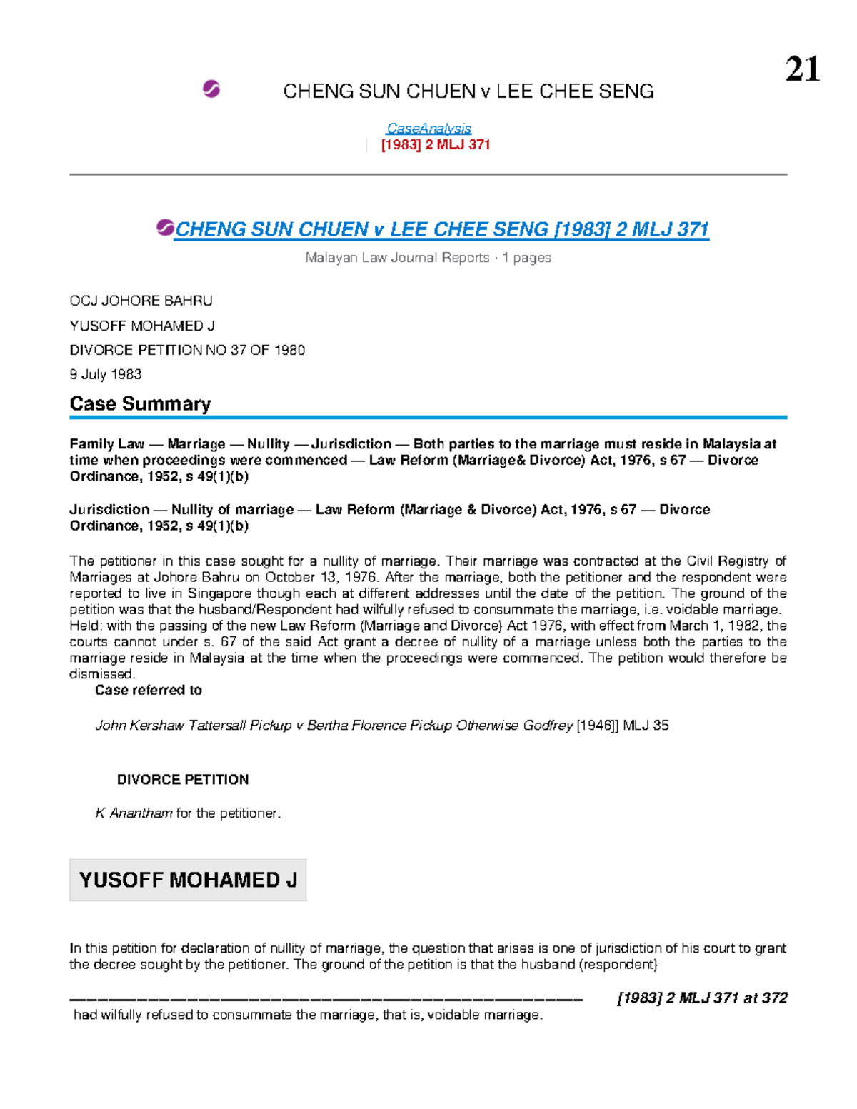 Cheng Sun Chuen v Lee Chee Seng: Case Analysis on Nullity of Marriage ...